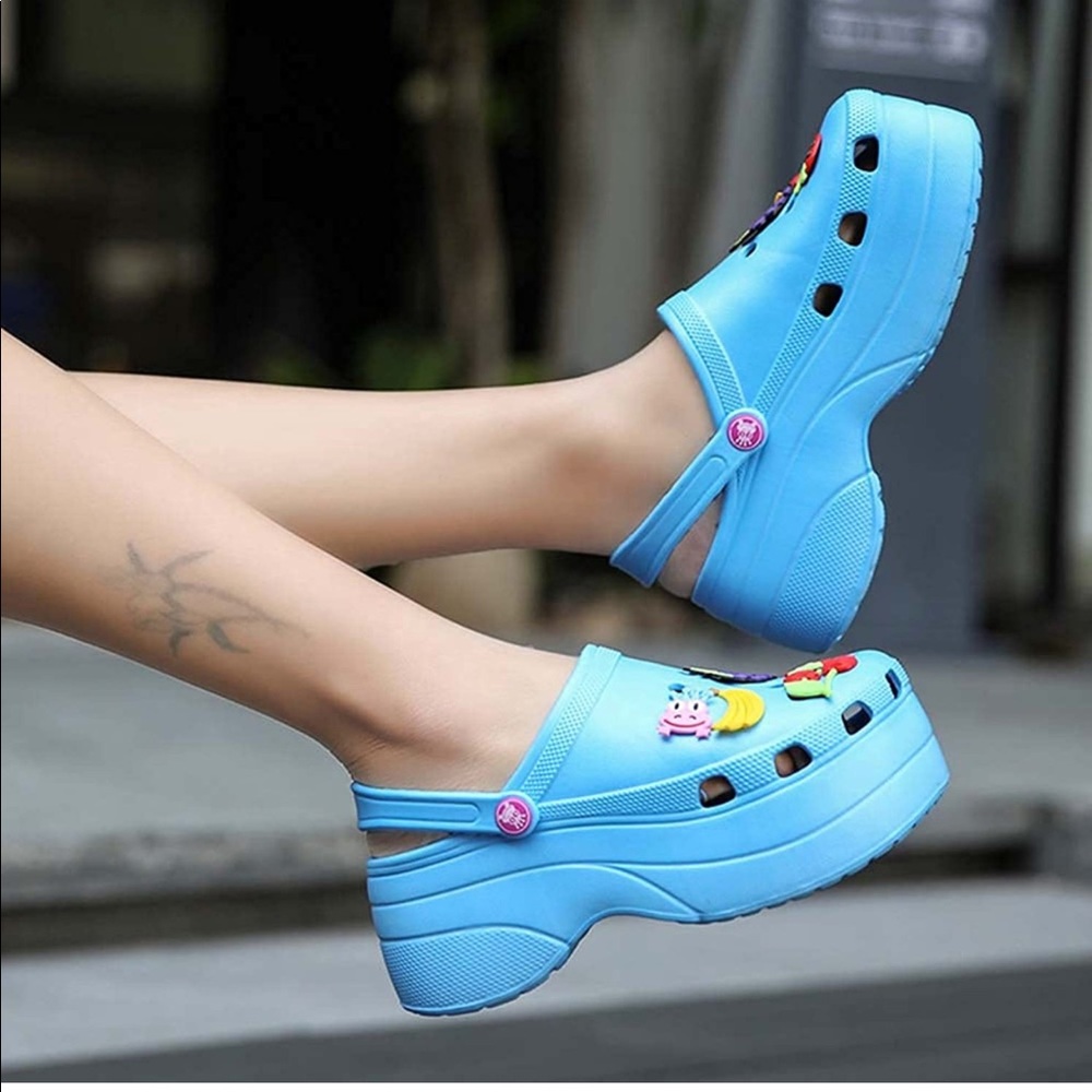 Blue Platform Wedge Mule Clogs Crocs - Gem